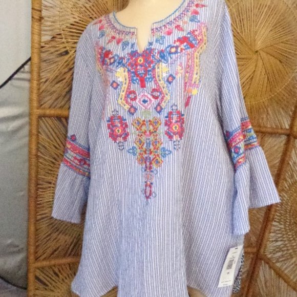 Calessa | Tops | Nwt Calessa Embroidered Tunic Xl Blue White Summer ...